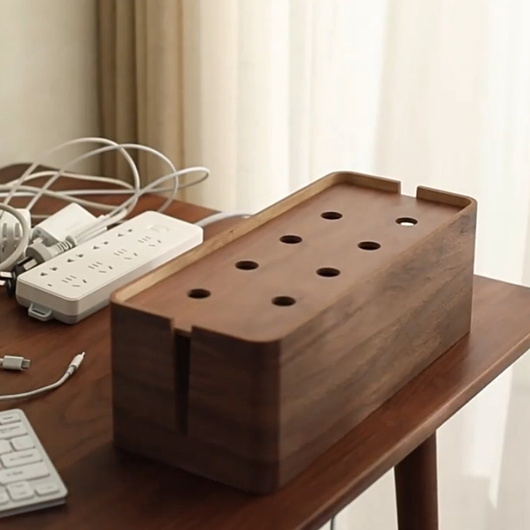 Walnut Desk Wire Organizer, Cable Management Box, Office PC Desktop ...