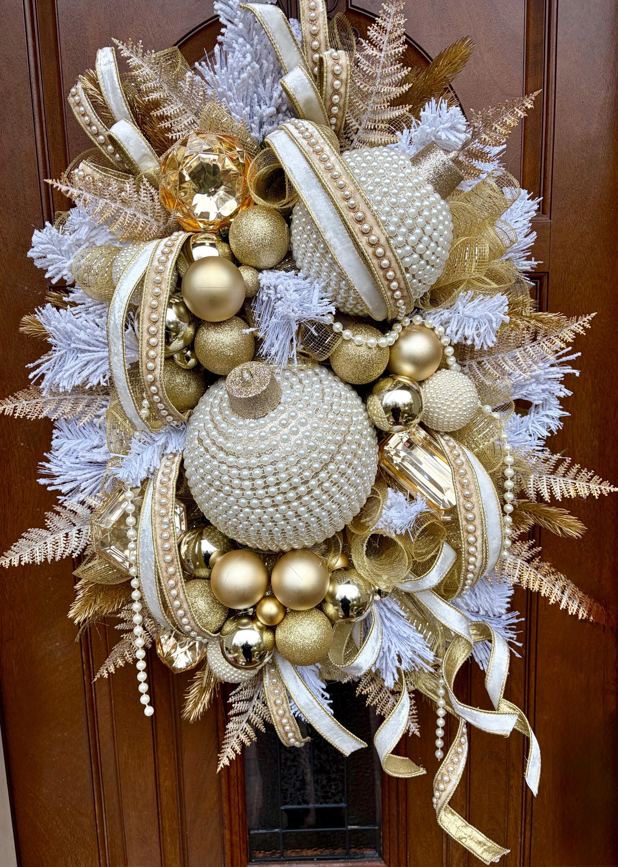 Luxury Gold Christmas Wreath • Pearl Ornaments, Elegant Holiday Decor ...