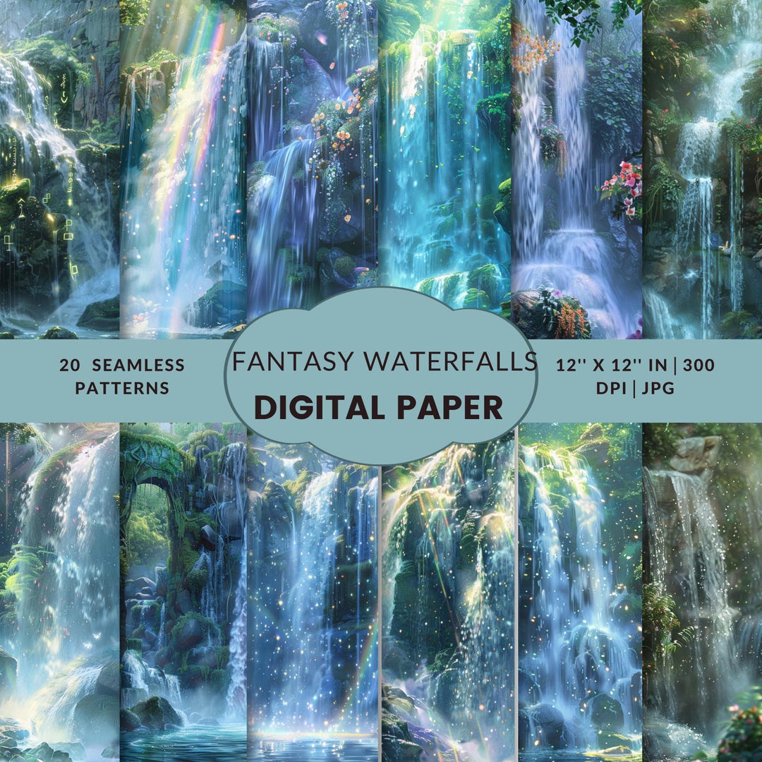 Printable Enchanted Waterfalls Digital Paper, Magical Waterfall ...