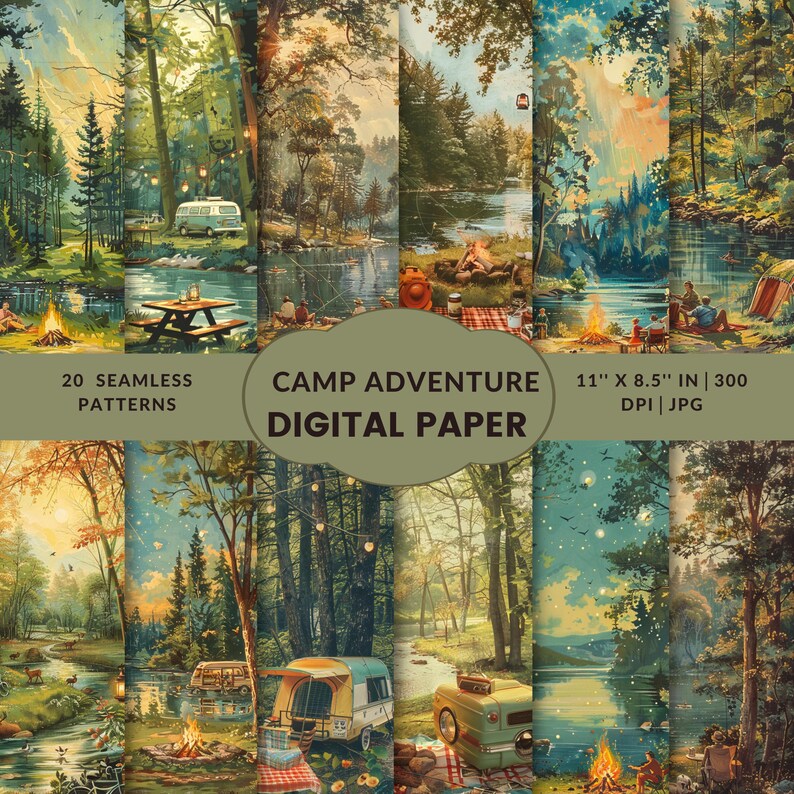 Camping Digital Paper, Retro Campfire Backdrop, Vintage Junk Journal ...