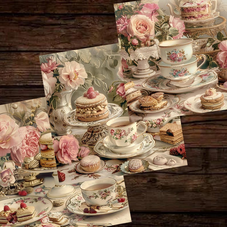 Vintage Tea Party Digital Paper, Floral Tea Set Backdrop, Junk Journal ...