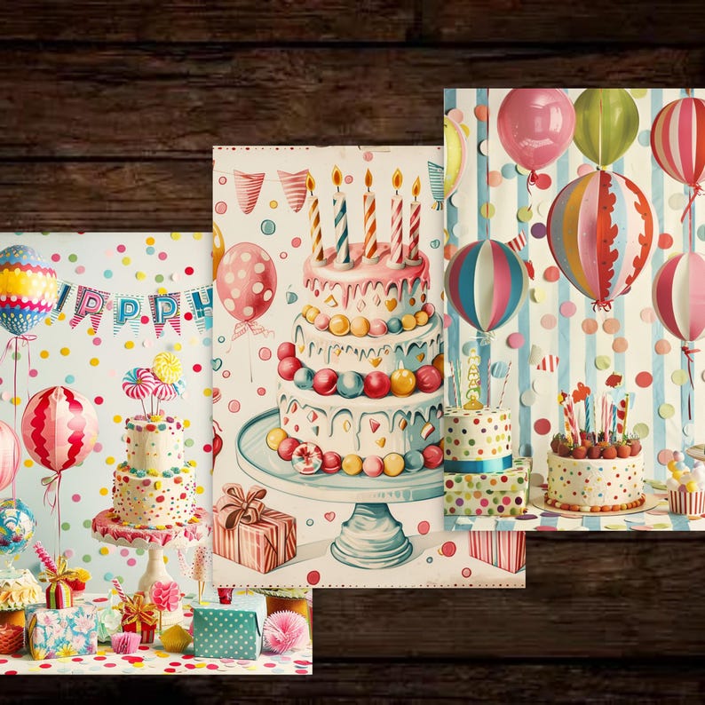 Printable Whimsical Birthday Party Digital Paper, Retro Cake & Candies, Fun Celebration ...