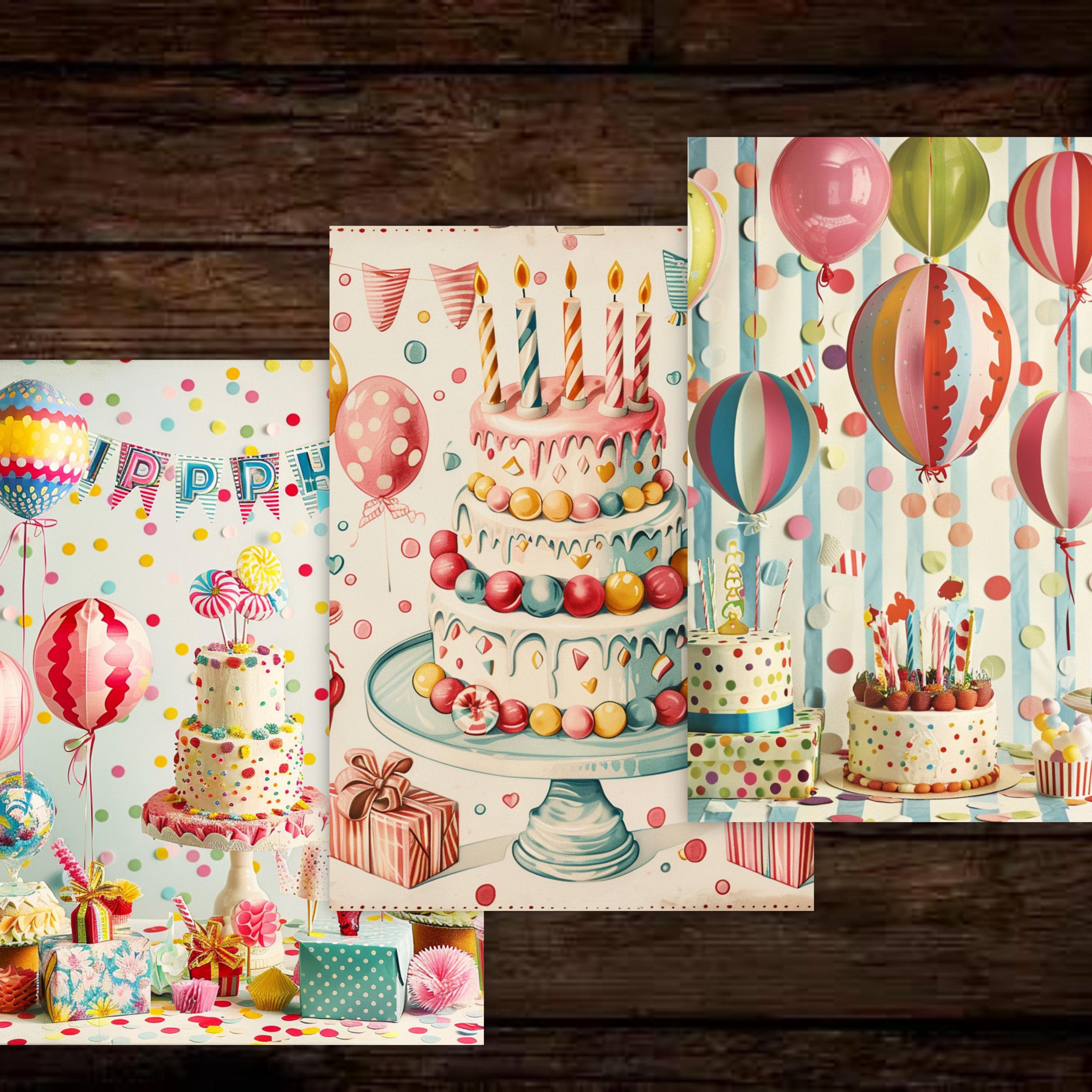 Printable Whimsical Birthday Party Digital Paper, Retro Cake & Candies ...
