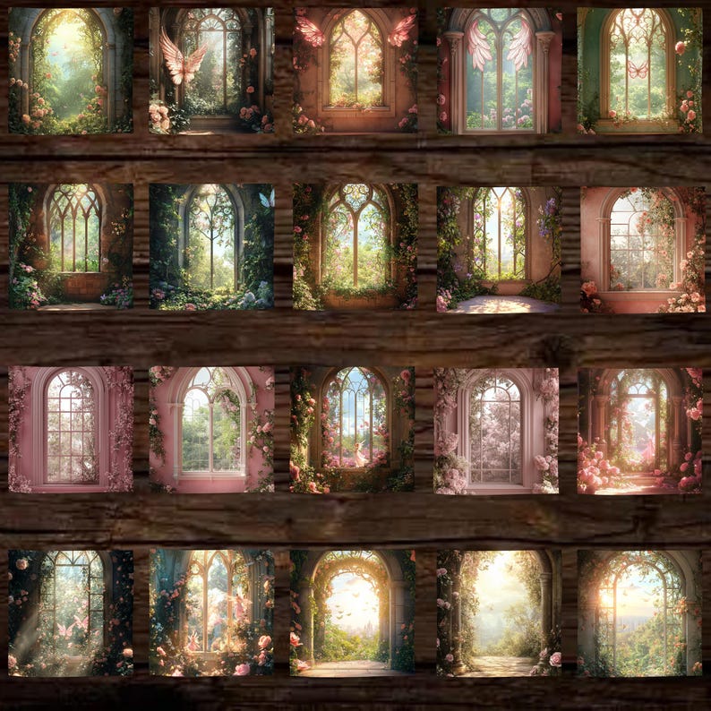 Printable Enchanted Windows Digital Paper, Retro Fairy Tale Scenes ...