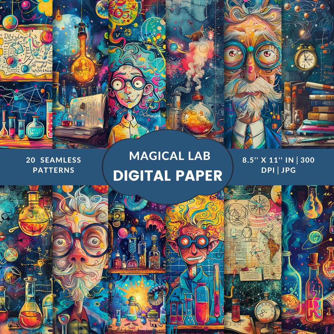 Printable Science Lab Digital Paper, Magical Laboratory Scenes, Retro ...