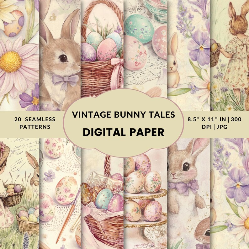 Easter Digital Paper, Vintage Bunny Tales, Bunny & Egg Designs, Spring ...