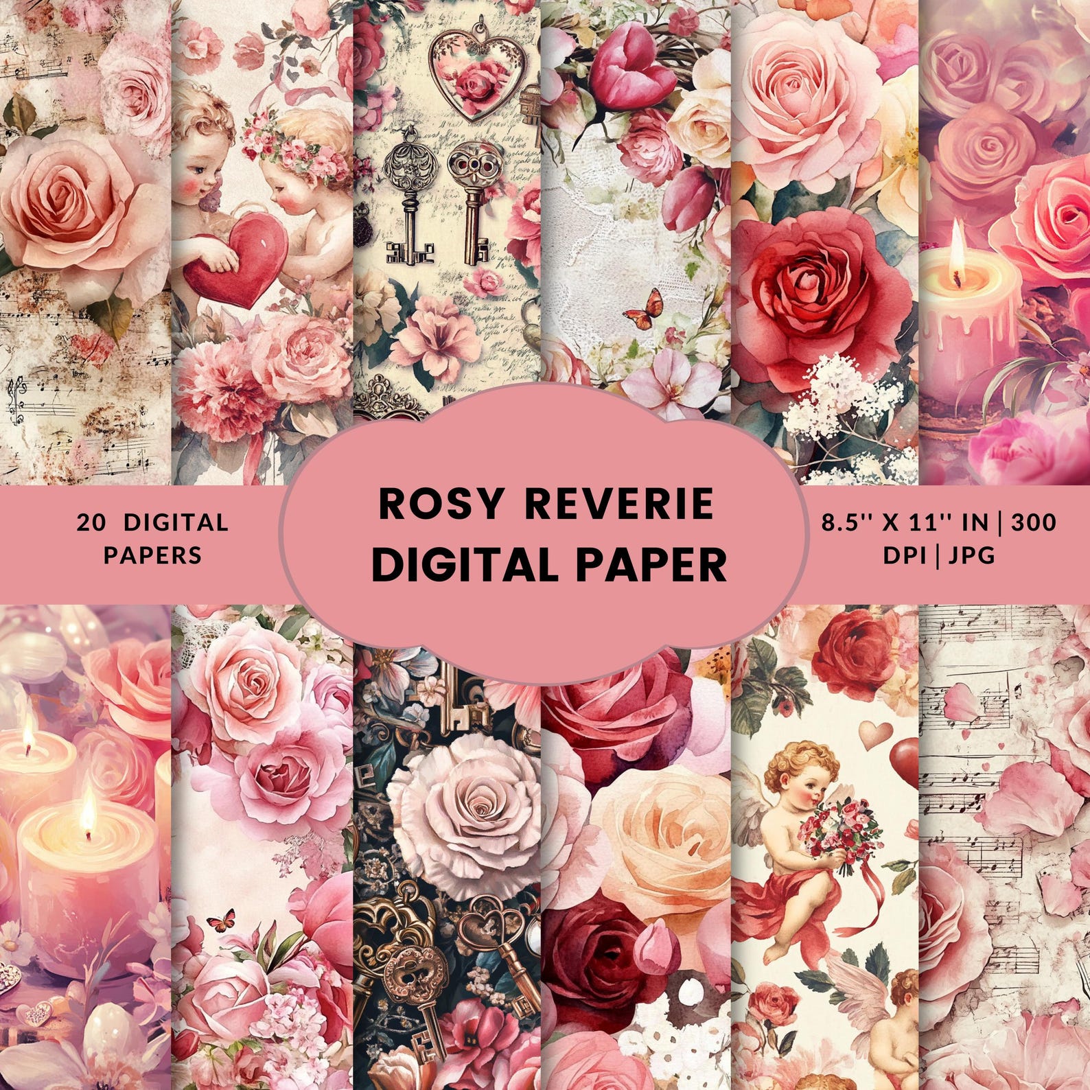 Printable Rosy Reverie Digital Paper, Romantic Floral Designs, Rose ...