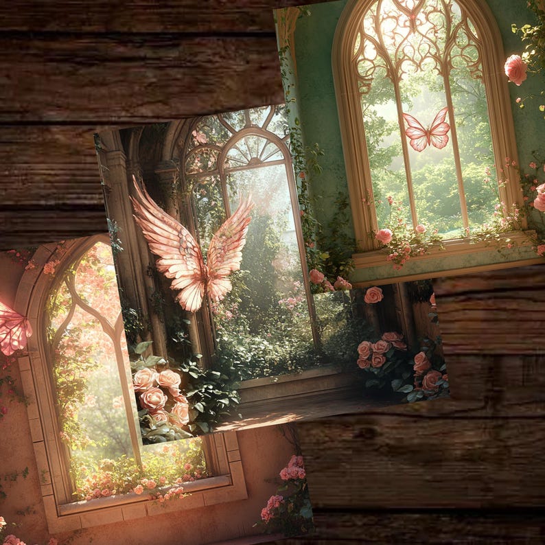 Printable Enchanted Windows Digital Paper, Retro Fairy Tale Scenes ...