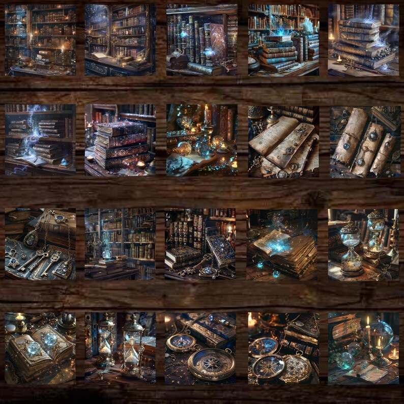 Printable Enchanted Library Digital Paper, Magical Book Pages, Vintage ...