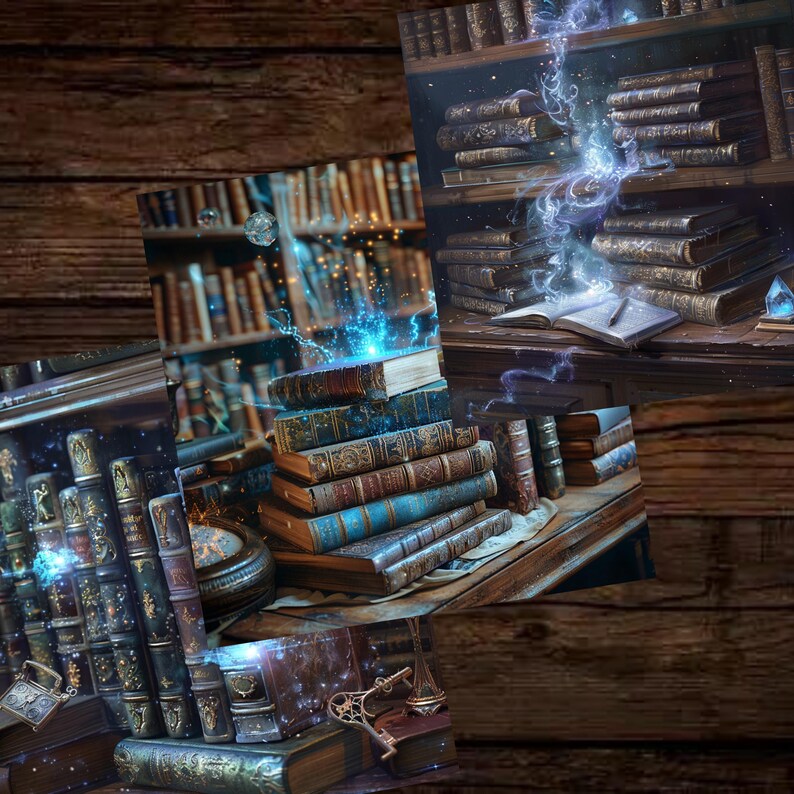 Printable Enchanted Library Digital Paper, Magical Book Pages, Vintage ...