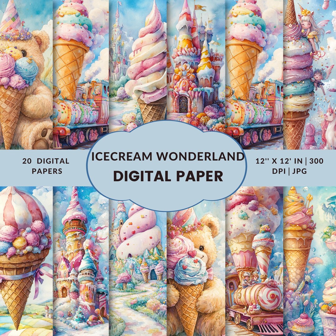Ice Cream Wonderland Digital Paper Kawaii Dessert Sprinkles Summer ...