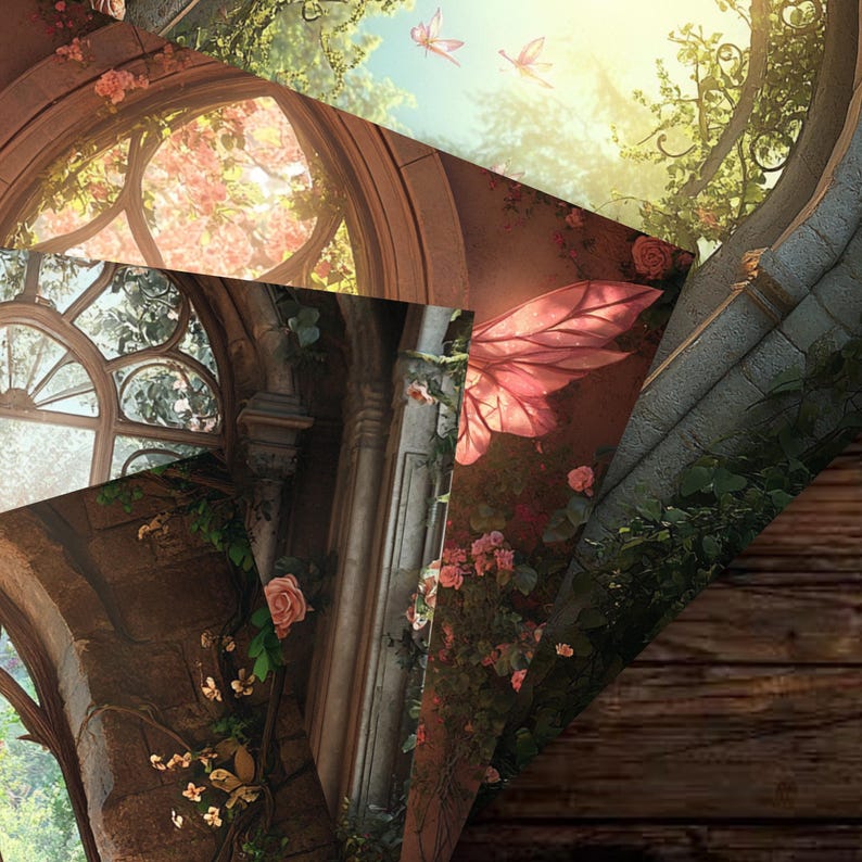 Printable Enchanted Windows Digital Paper, Retro Fairy Tale Scenes ...