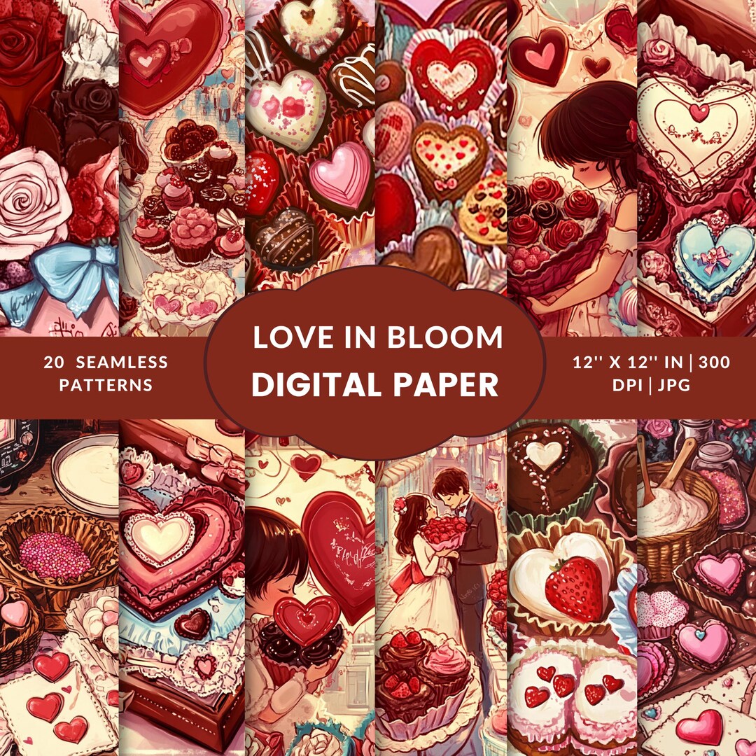 Printable Love in Bloom Digital Paper, Romantic Heart Designs ...