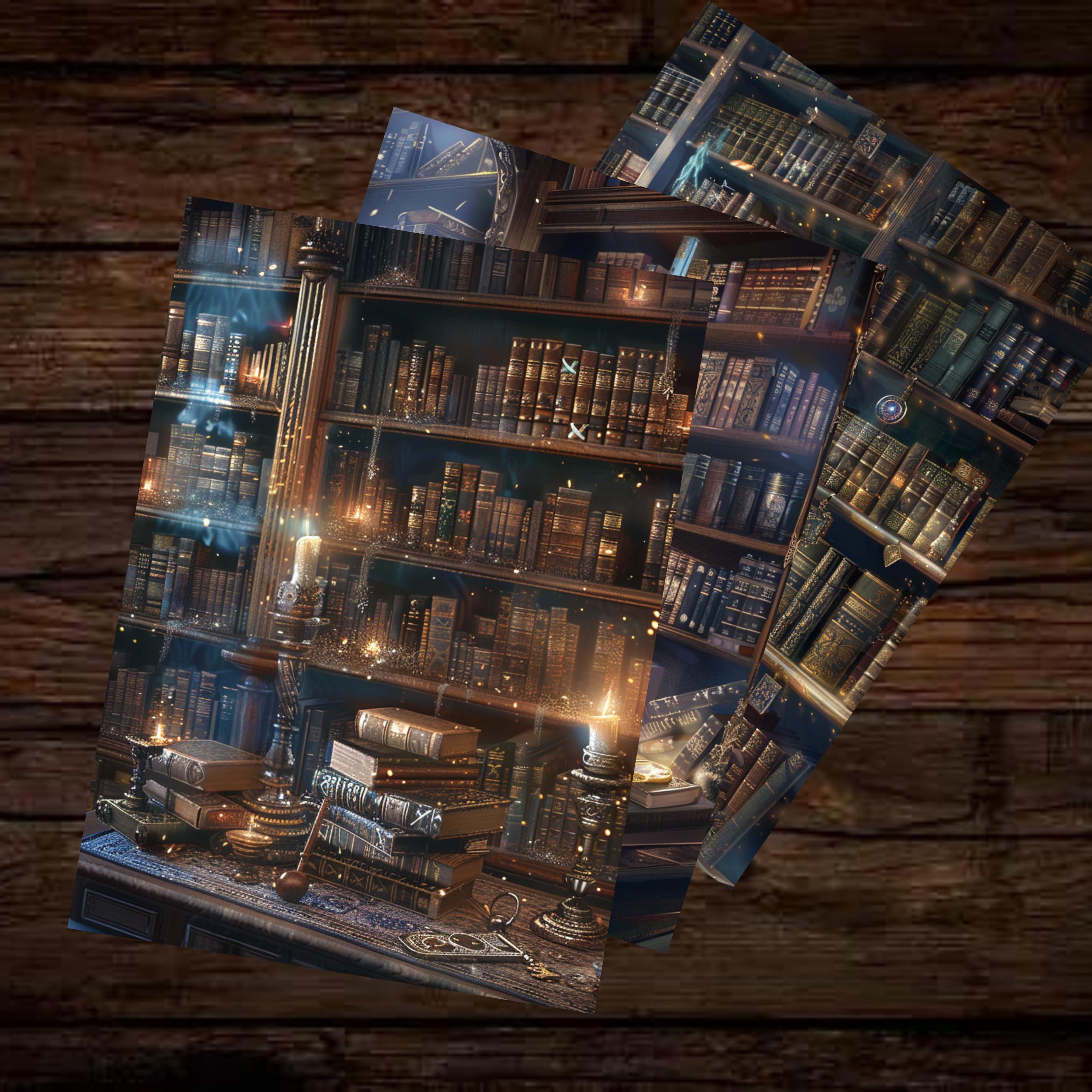 Printable Enchanted Library Digital Paper, Magical Book Pages, Vintage ...