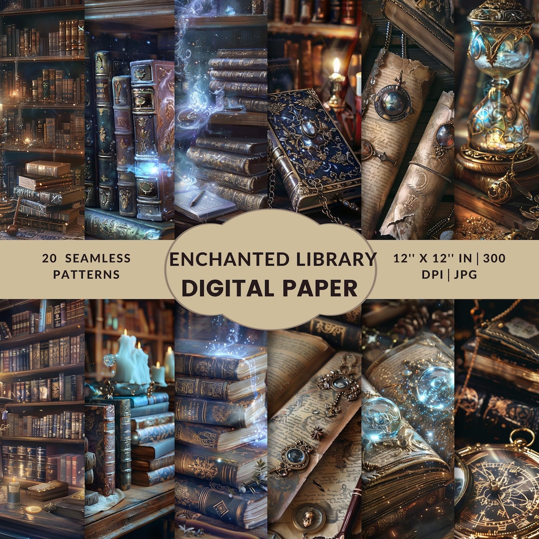 Printable Enchanted Library Digital Paper, Magical Book Pages, Vintage ...
