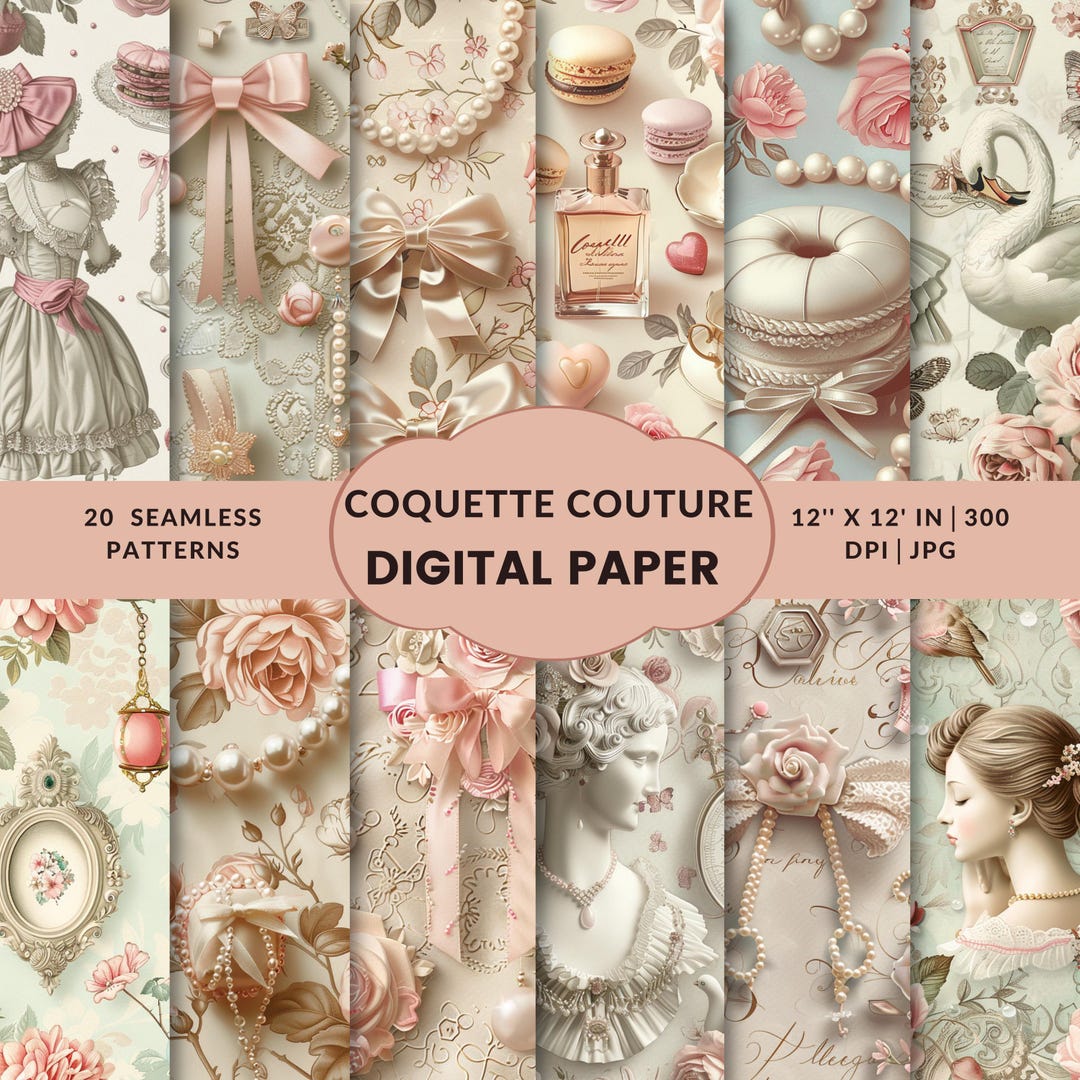 Printable Coquette Digital Paper, Vintage Feminine Patterns, Romantic ...