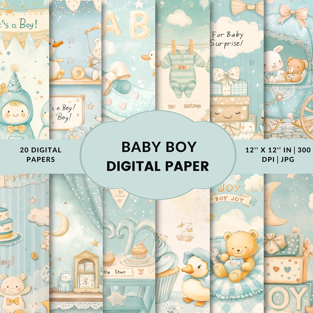 Baby Boy Digital Scrapbook Paper Nursery Decor Prints for Baby Journal ...