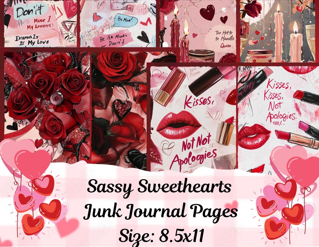Sassy Sweethearts Junk Journal Pages, Fun & Flirty Love Designs, Heart ...