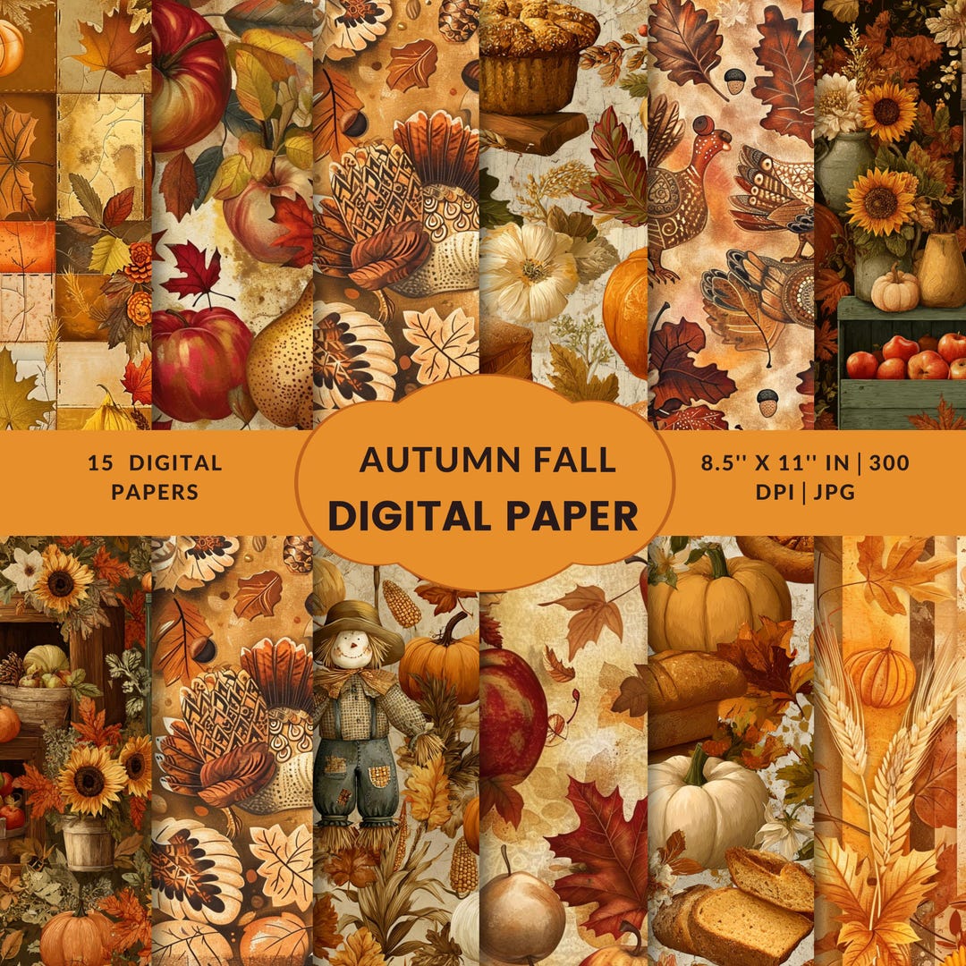 Fall Autumn Digital Paper Pack, Cozy Leaves & Pumpkin Printable ...