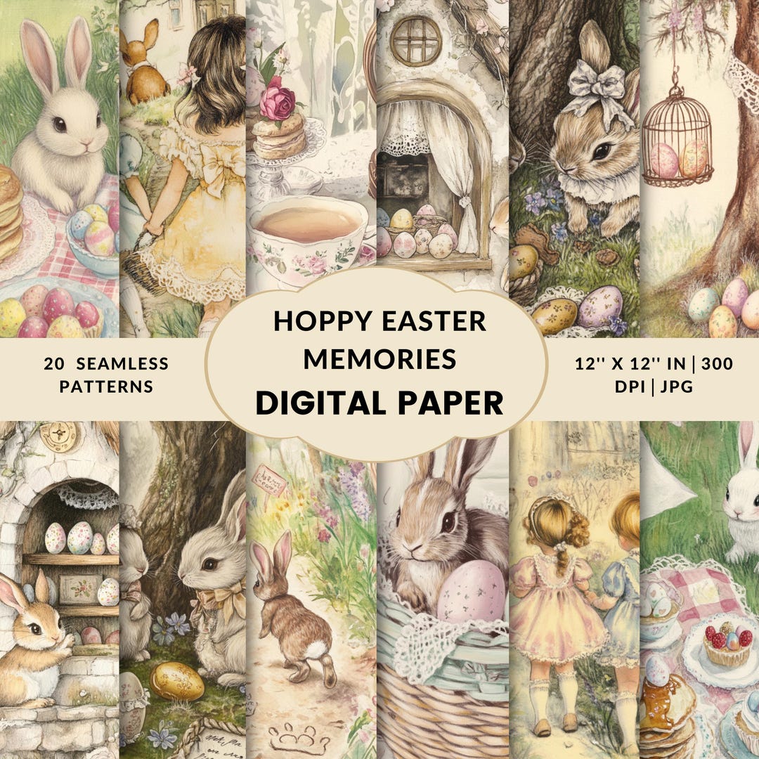 Printable Hoppy Easter Memories Digital Paper, Cute Bunnies, Pastel ...