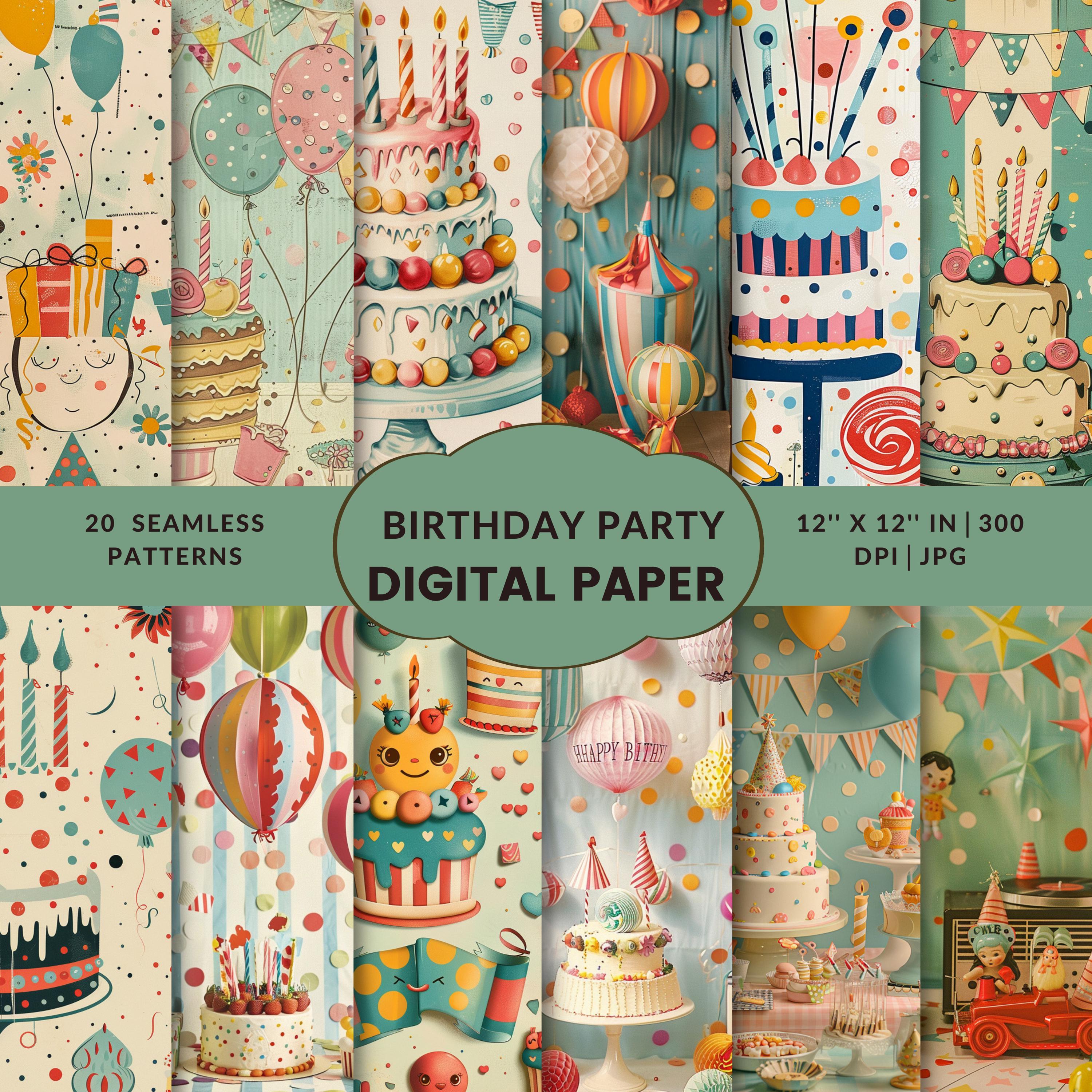 Printable Whimsical Birthday Party Digital Paper, Retro Cake & Candies ...