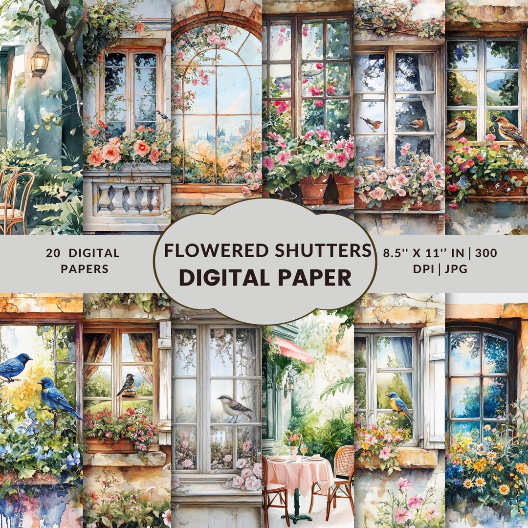 Flowered Shutters Digital Paper Cottage Window Floral Scrapbook ...