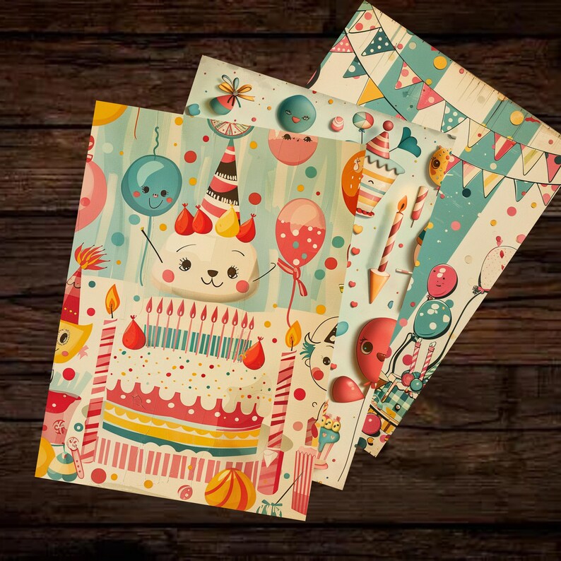 Printable Whimsical Birthday Party Digital Paper, Retro Cake & Candies, Fun Celebration ...