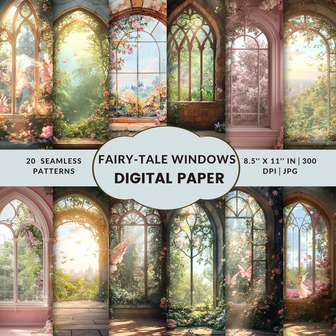 Printable Enchanted Windows Digital Paper, Retro Fairy Tale Scenes ...
