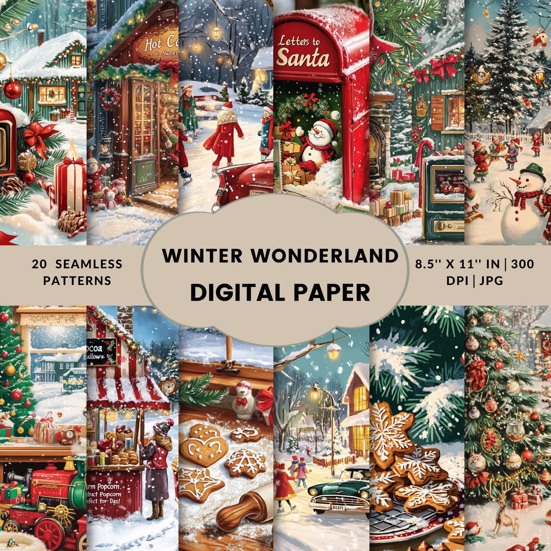 Printable Winter Wonderland Digital Paper, Snowflake Patterns, Snowy ...