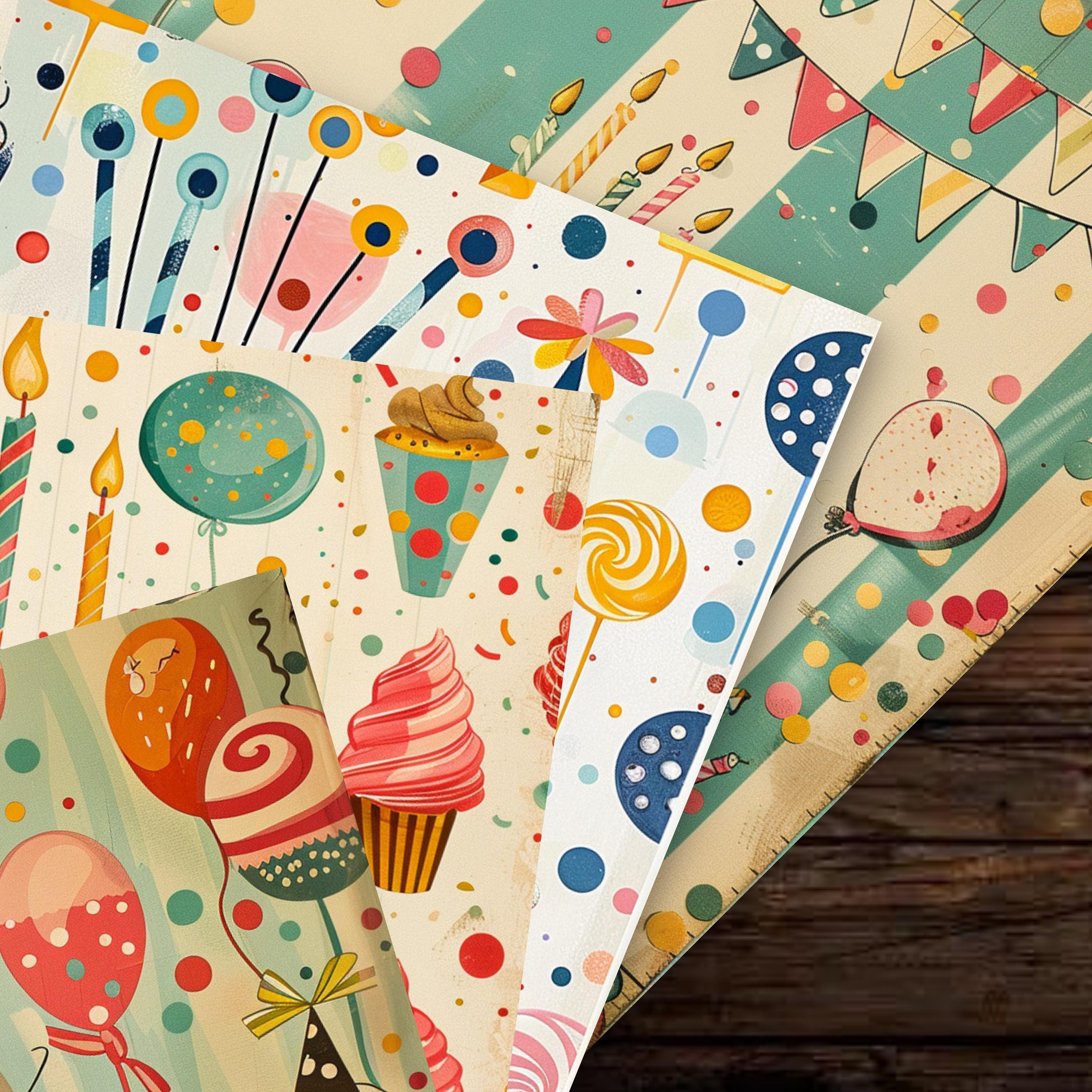 Printable Whimsical Birthday Party Digital Paper, Retro Cake & Candies ...