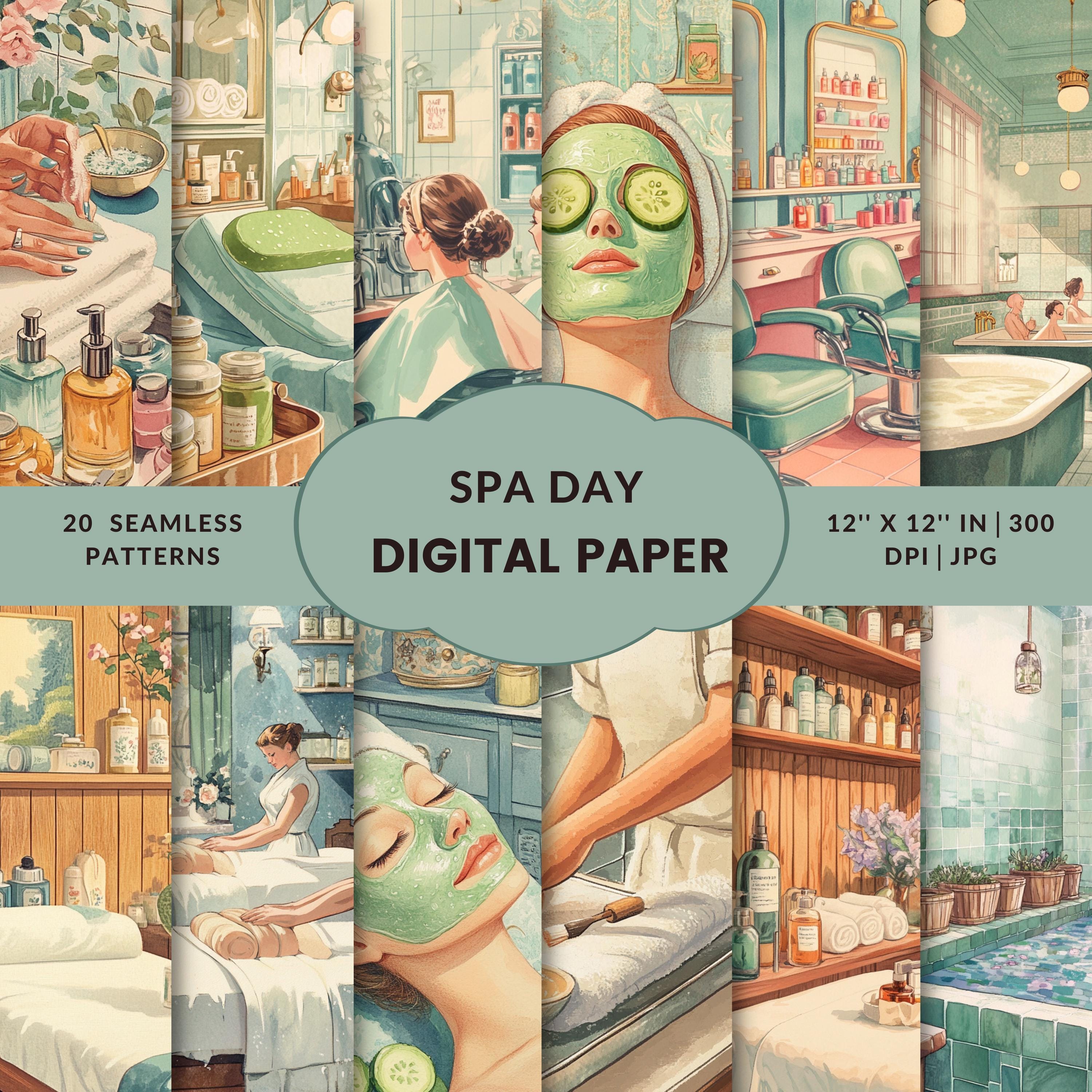 Spa Day Digital Paper, Vintage Wellness Scenes, Pampering Backgrounds ...