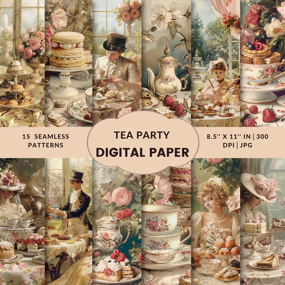 Vintage Tea Party Digital Paper, Floral Tea Set Backdrop, Junk Journal ...