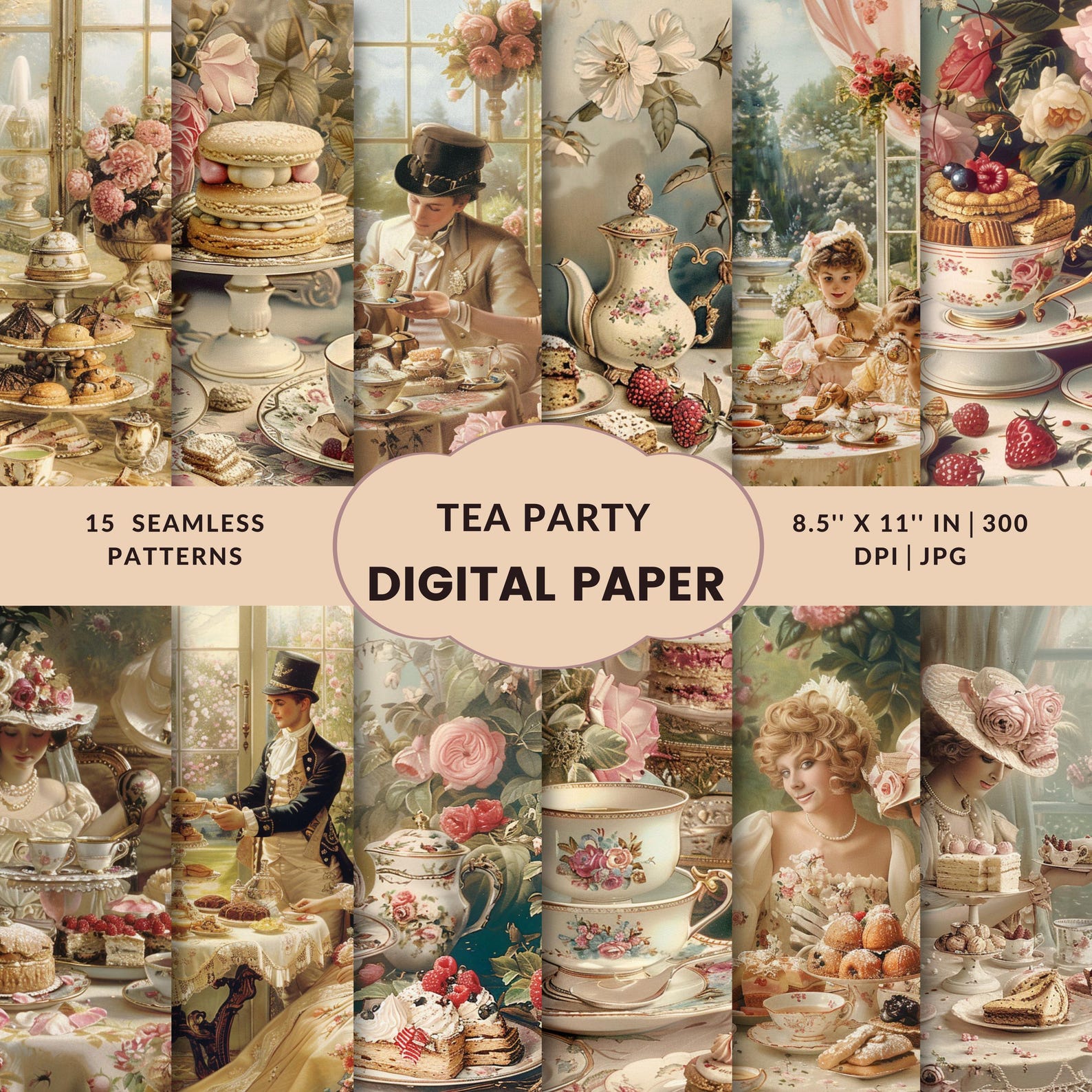 Vintage Tea Party Digital Paper, Floral Tea Set Backdrop, Junk Journal ...