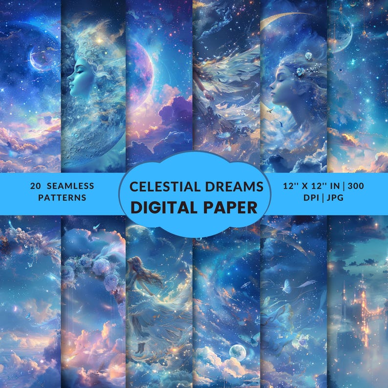 Printable Celestial Dreams Digital Paper, Magical Night Sky Pages ...