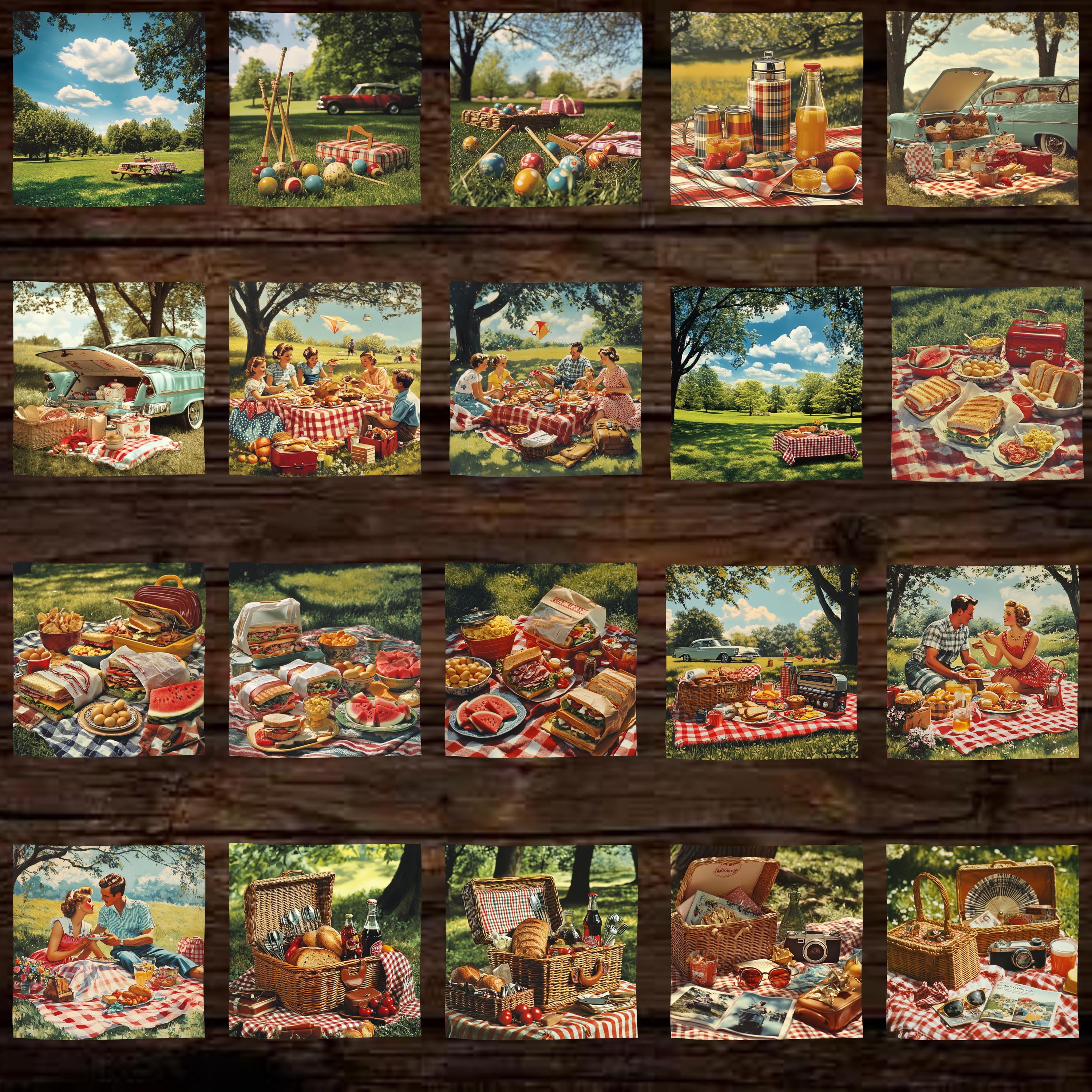 Printable Vintage Picnic Digital Paper, Retro Baskets, Checkered ...