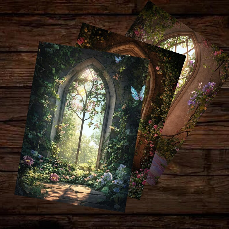 Printable Enchanted Windows Digital Paper, Retro Fairy Tale Scenes ...