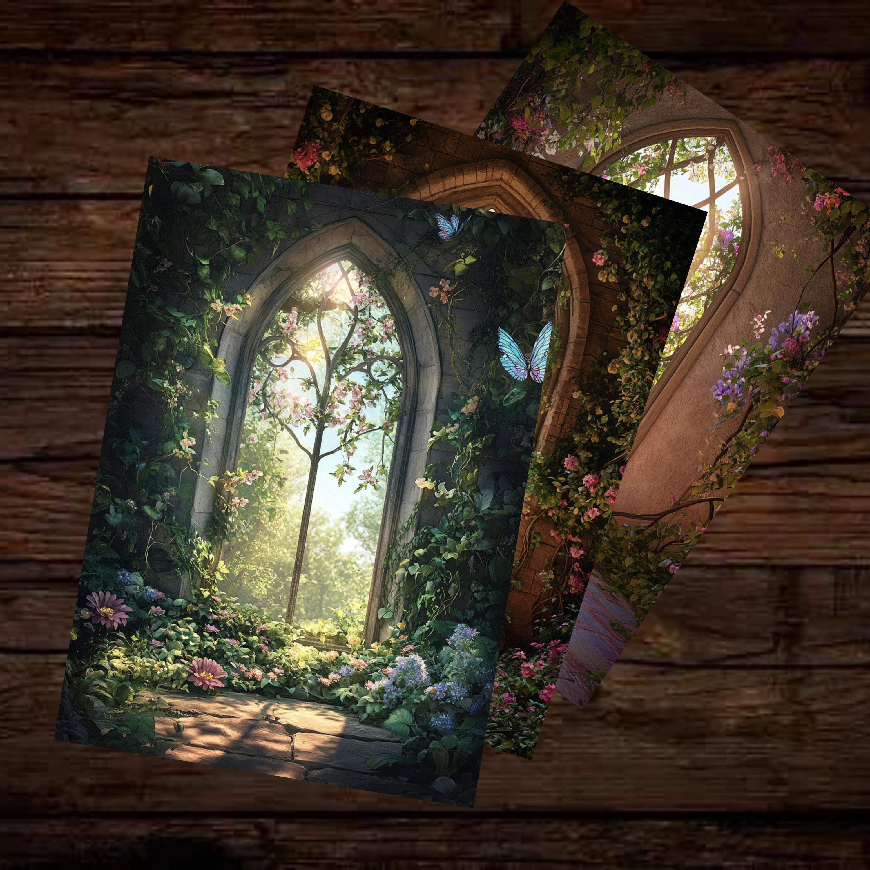 Printable Enchanted Windows Digital Paper, Retro Fairy Tale Scenes ...