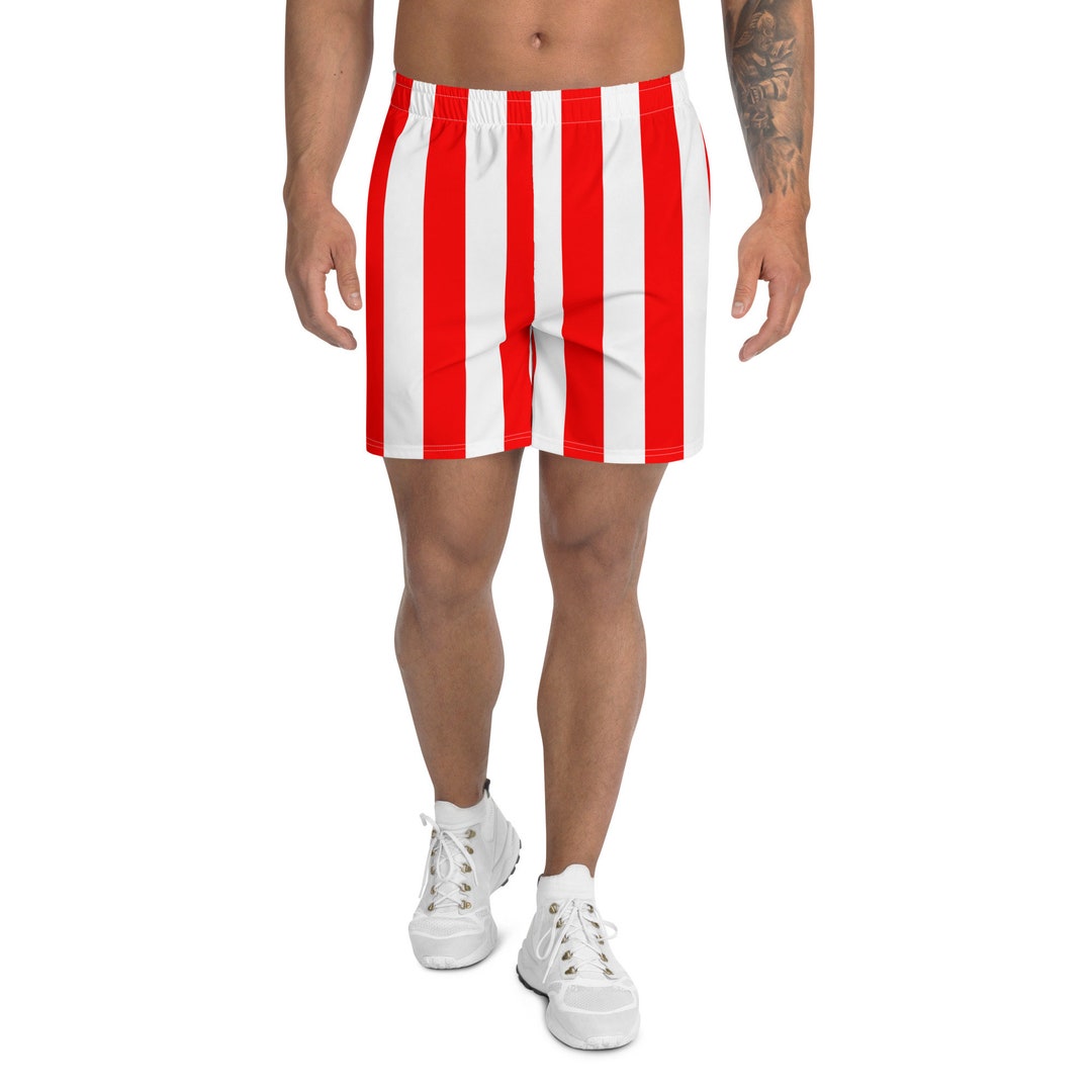 Stretching Portrait Red Striped Shorts Men's Recycled Athletic Shorts ...