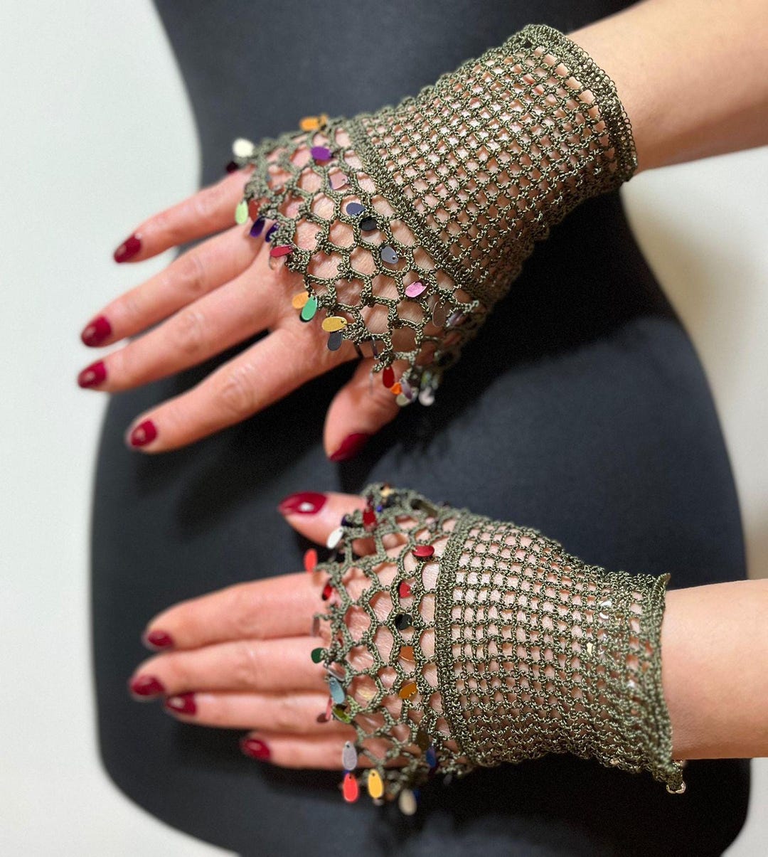 Handmade Crochet Lace Wrist Cuff With Sequins, Boho Arm Bracelet ...