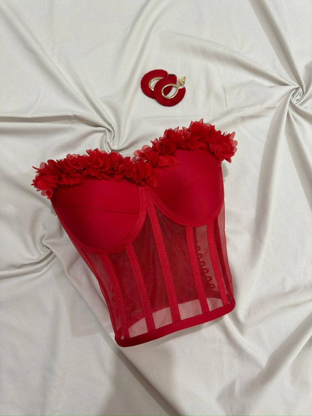 Red Transparent Corset Bustier Corset Top Strapless Corset Mesh Bustier ...