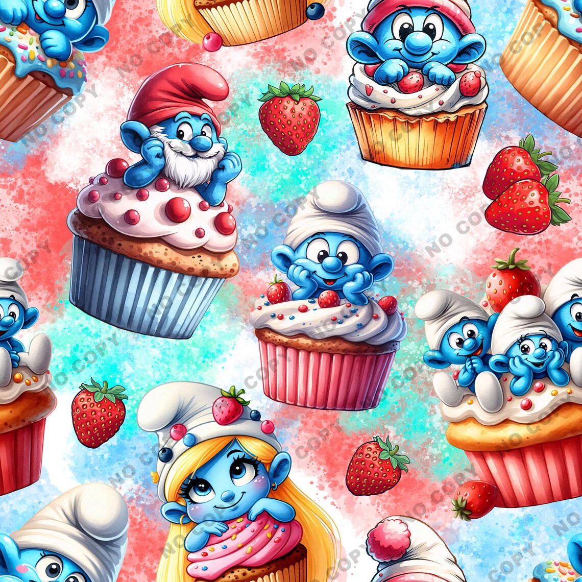 Smurfs Cupcake Seamless Pattern, Smurfs Summer Tumbler, Cartoon ...