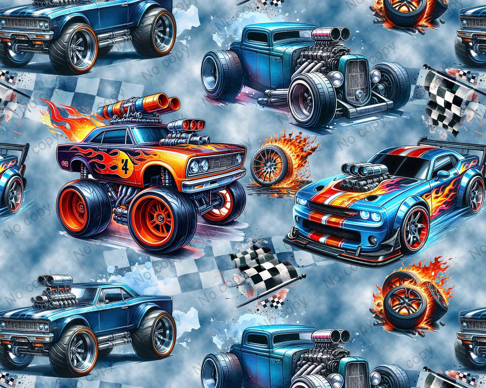 Hot Race Car Seamless Pattern, Crazy Cars Digital Paper, Hot Car ...