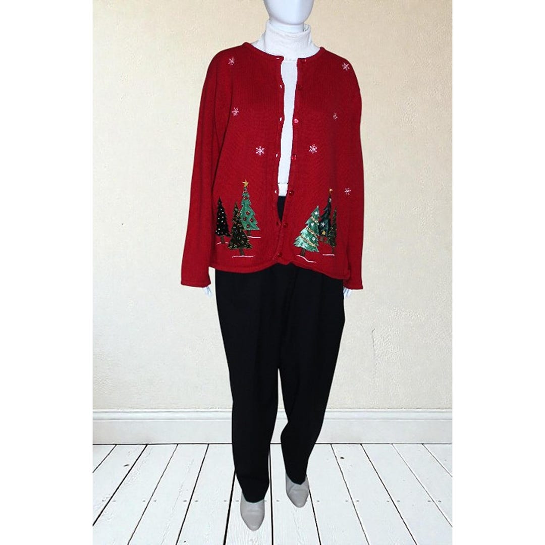 Vintage Y2K Classic Elements Christmas Tree Beaded Sequin Cardigan ...