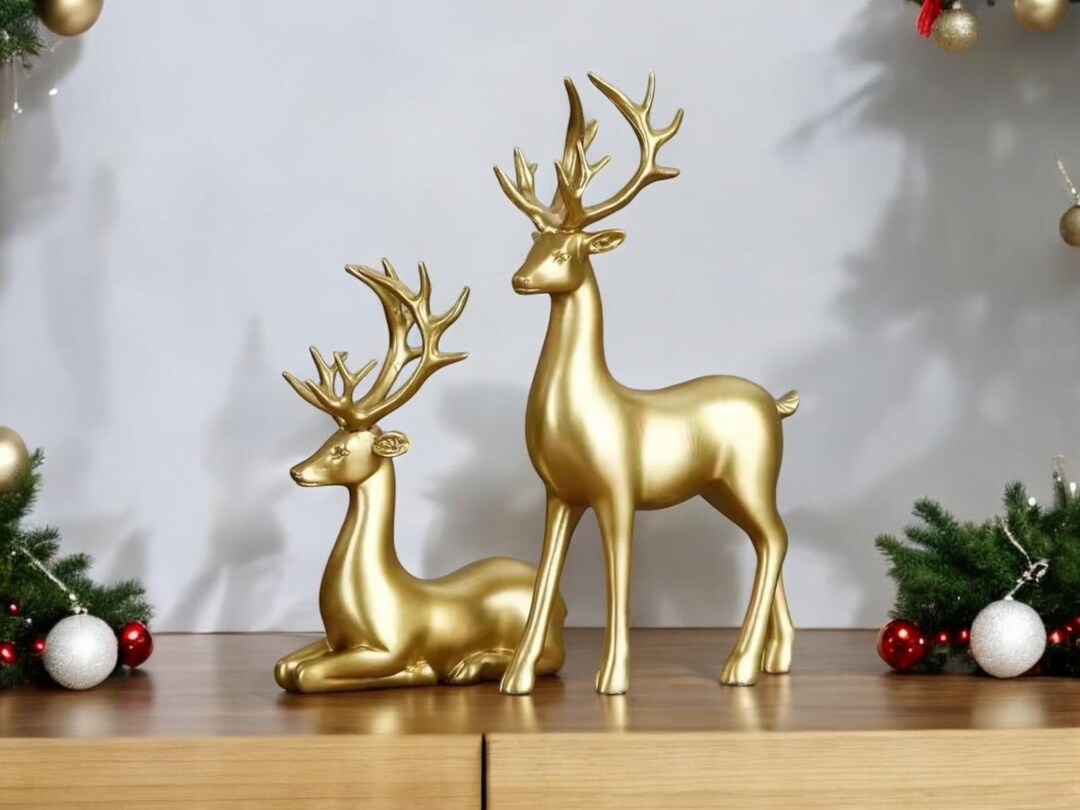 Gold Deer Statue 2PCS European Style Resin Animal Ornaments, Elegant ...