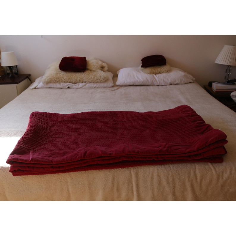 Pottery Barn Dark Red Velvet Channel Quilted Bedspread, Reversible ...