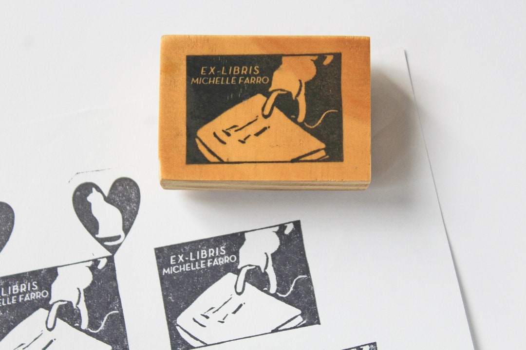 Cat and Books Rubber Stamp Personalized Ex Libris - Etsy
