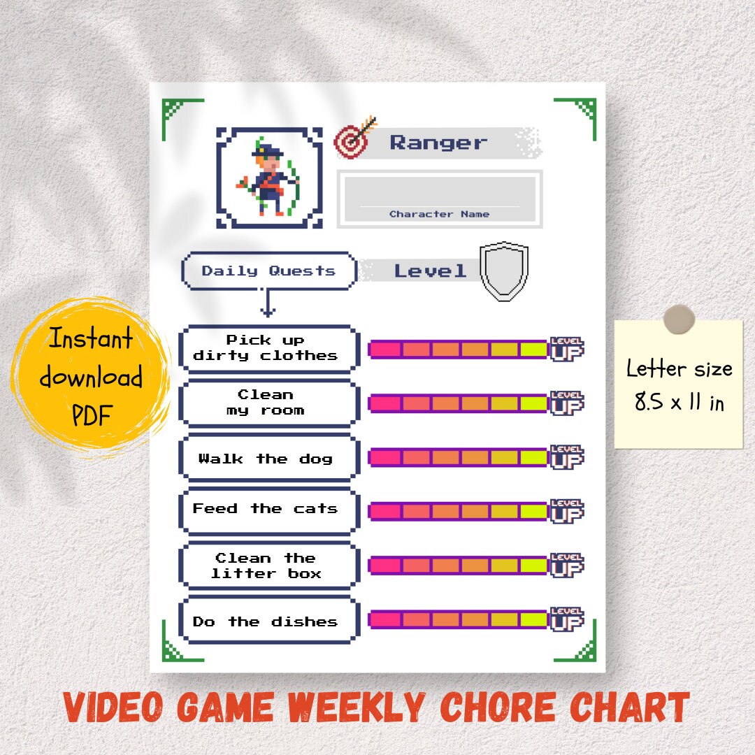 Video Game Daily Chore Chart, Sticker Chart, Toddler, Preschool ...