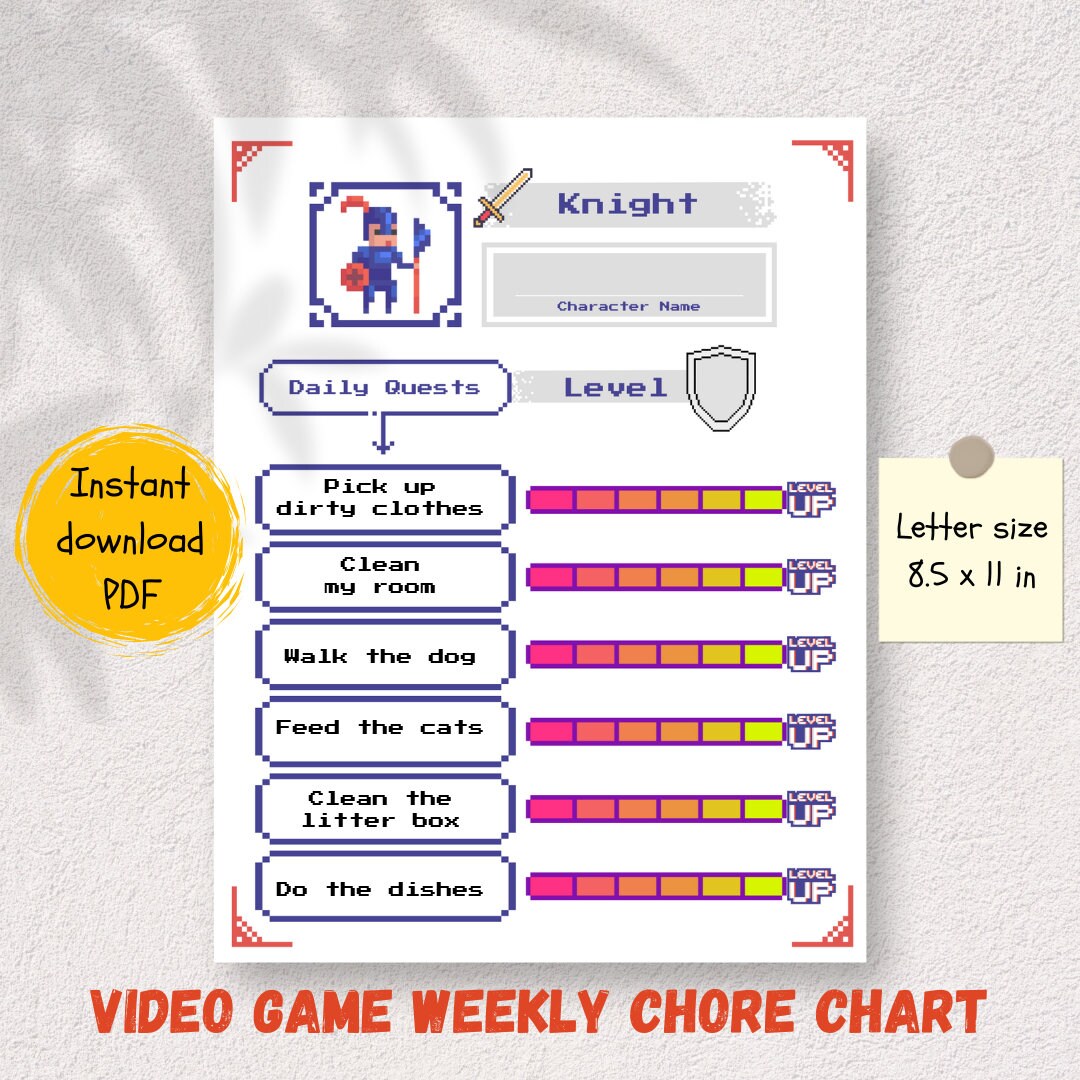 Video Game Daily Chore Chart, Sticker Chart, Toddler, Preschool ...