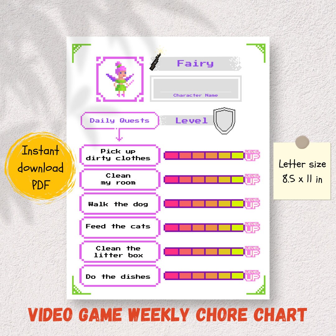 Video Game Daily Chore Chart, Sticker Chart, Toddler, Preschool ...