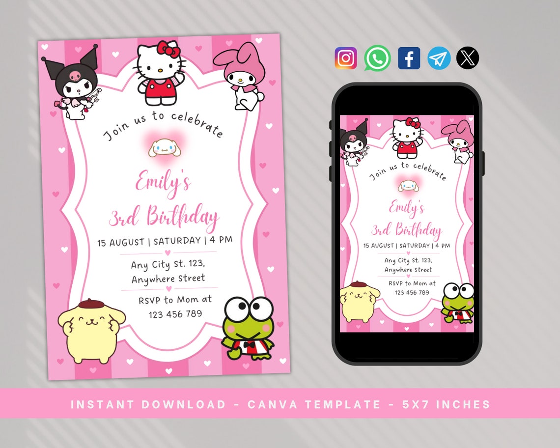 Editable Kawaii Kitty Invitation, Girls Birthday Party, Kitty and ...